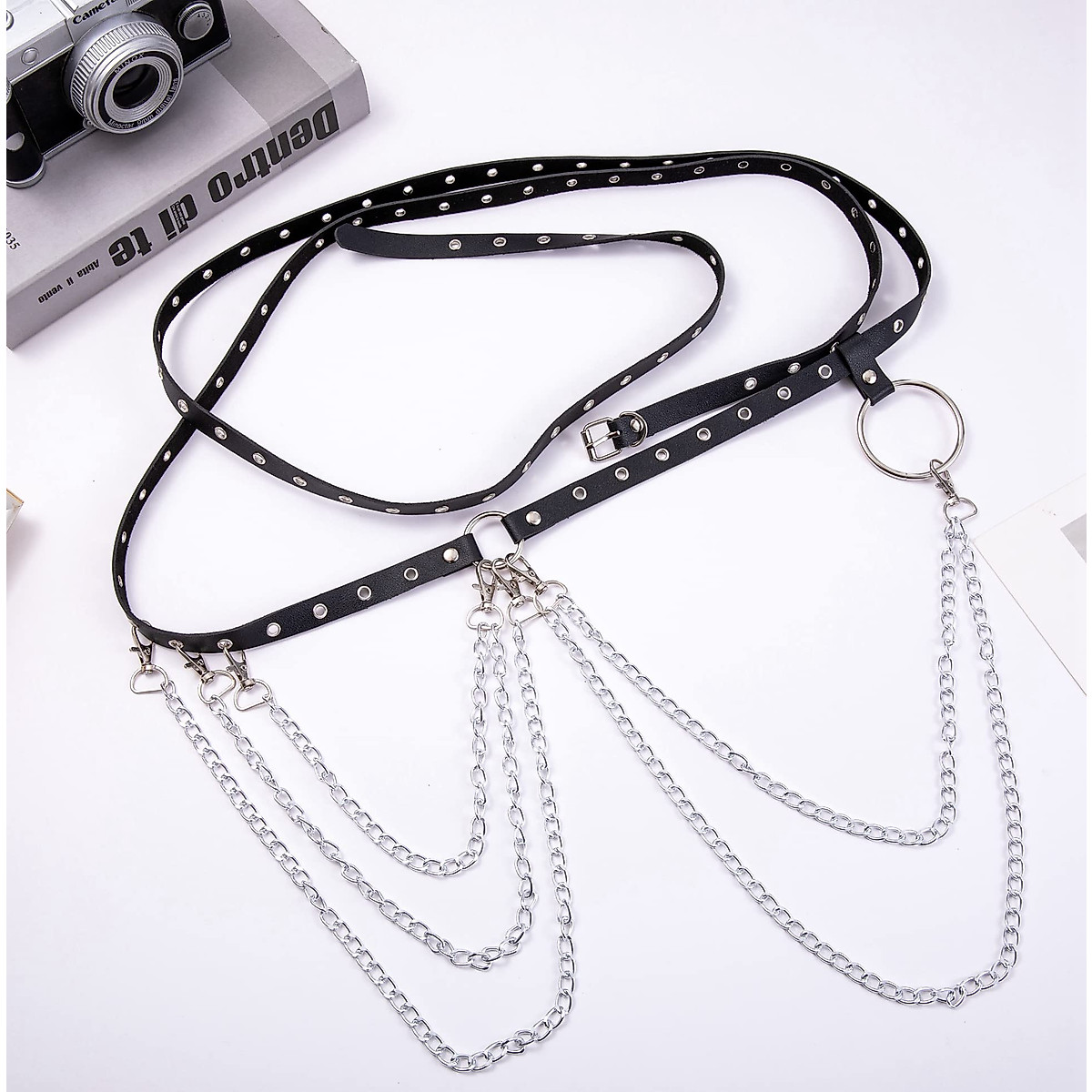 LOREMOW 2 Pcs Black Leather Waist Chain Belt Womens Punk Waist Belly Chain Layered Goth Body Chain Nightclub Party Body Jewelry Accessories