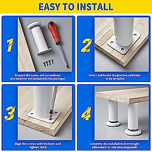 Olldag 4 PCS Adjustable Furniture Legs 10-17 inch for Bed Frame, Metal Adjustable Height Support Legs for Bed/Sofa/Cabinet/Couch/Dresser/Table -Heavy Bed Replacement Legs (White)