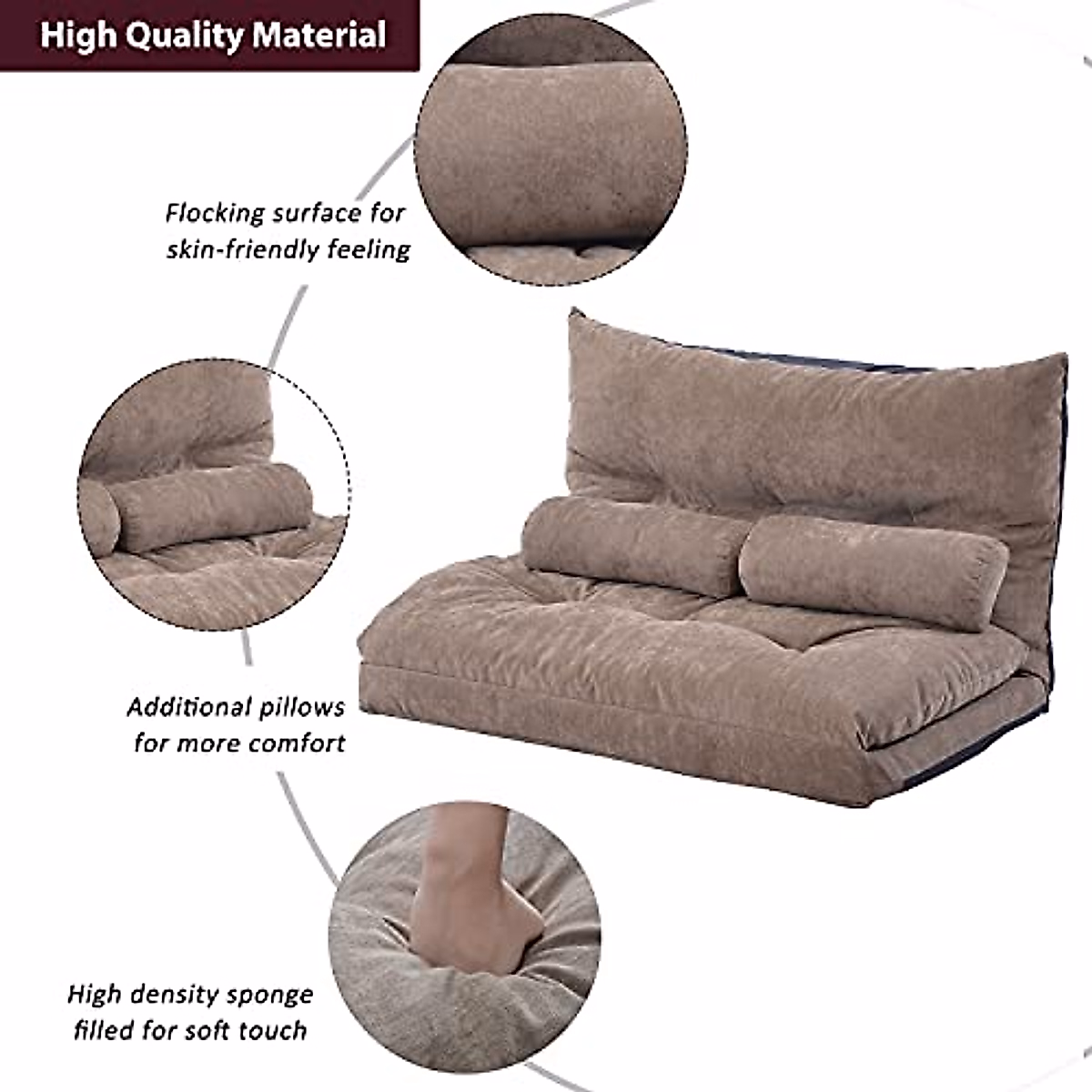 Harper & Bright Designs Adjustable Floor Sofa Couch with 2 Pillows, Foldable Lazy Sofa Sleeper Bed for Reading Gaming Sleeping(Light Brown)