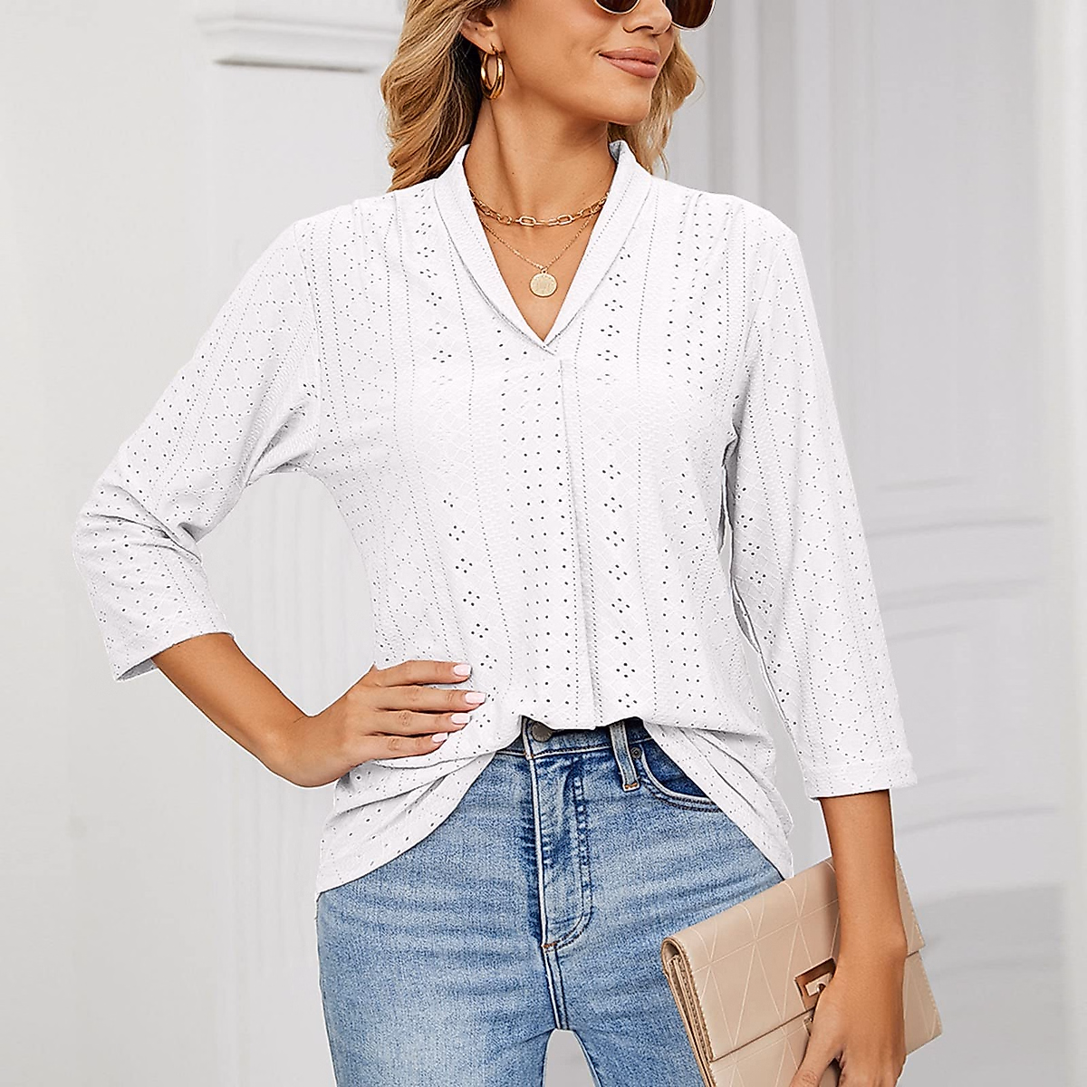 Loose Fitting Tops for Women 3/4 Sleeve Lace Crochet Lapel v Neck Shirts Casual Summer Business Work Office Blouse