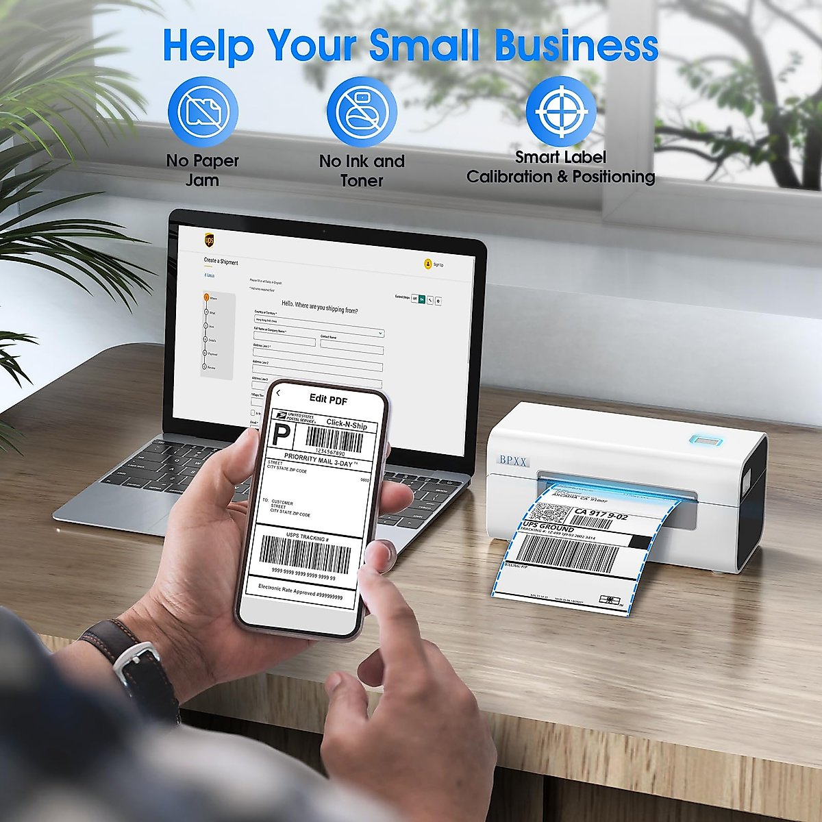 BPXX Bluetooth Thermal Label Printer, Wireless 4×6 Shipping Label Printer for Small Business, Label Printer Support Android/iPhone/Windows, Compatible with Shopify, Ebay, USPS, Amazon, Etsy, D465B