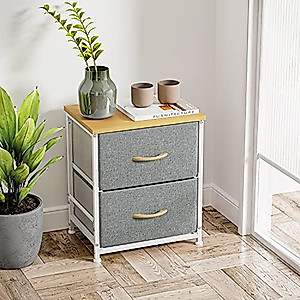 FEZIBO 2 Drawers Fabric Dresser, Nightstand for Bedroom, Small Storage Tower Organizer Unit for Closet Hallway Entryway Nursery Room, Steel Frame, Wood Top, Linen
