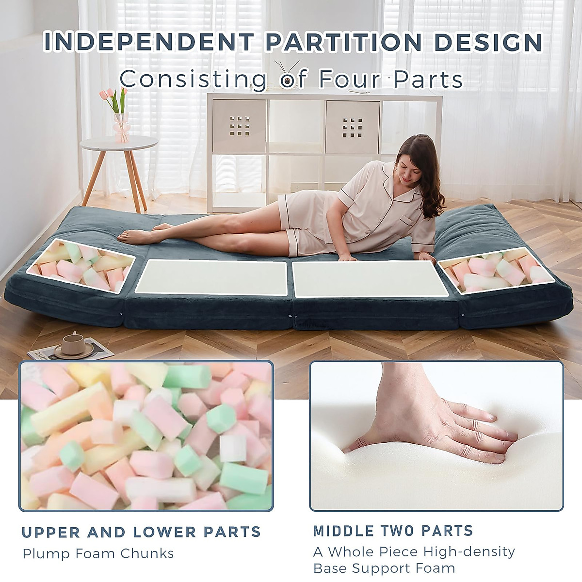 MAXYOYO Bean Bag Bed Folding Sofa Bed Floor Mattress for Adults, Extra Thick and Long Floor Sofa with Faux Fur Washable Cover, Full Floor Couch Bed for Bedroom Living Room, Dusty Blue, 54x95 Inch