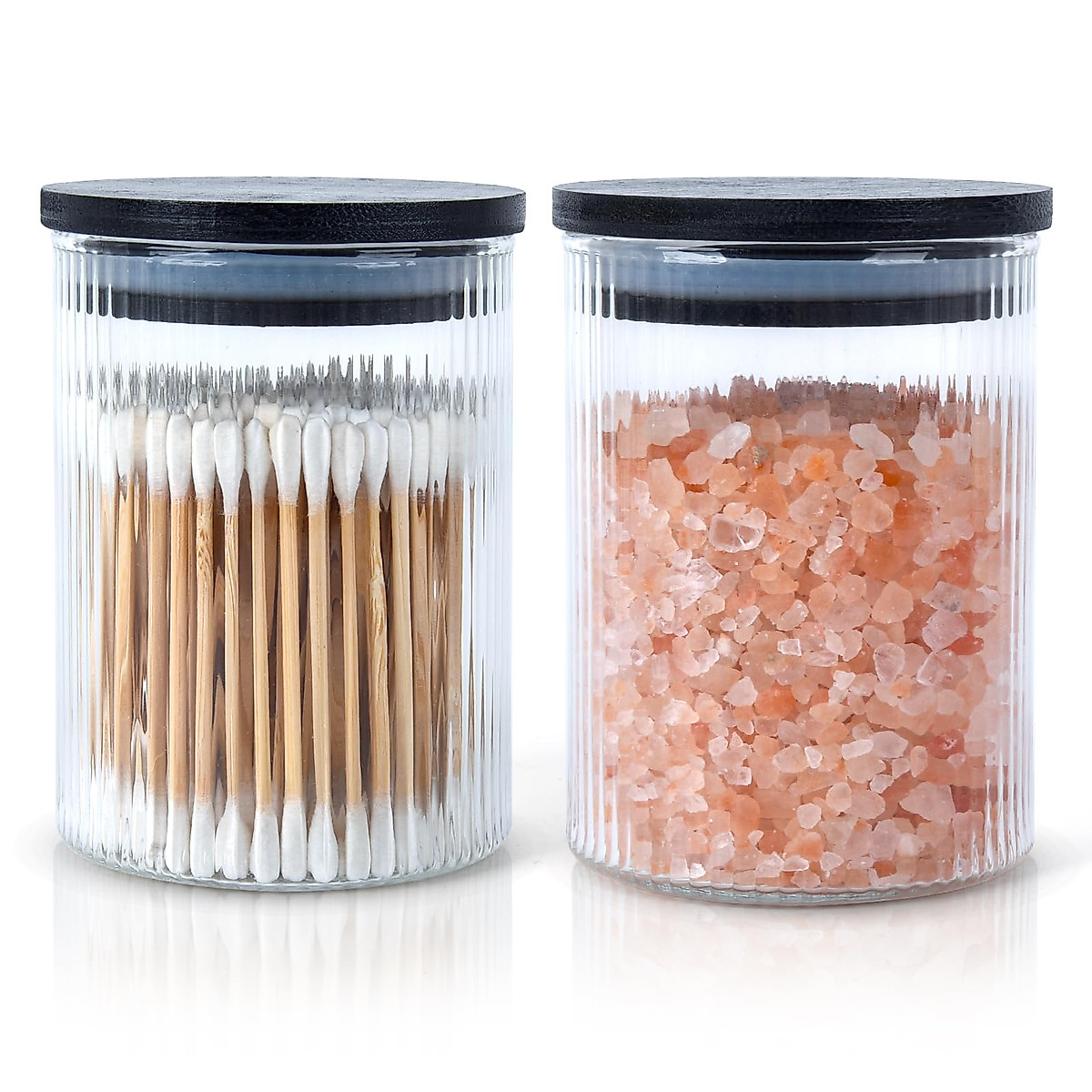 Ribbed Glass Qtip Holder Dispenser Bathroom Jars with Bamboo Lids, Cotton Ball Pad Round Swab Holder for Bathroom Accessories Storage Organizer,Farmhouse Bathroom Decor, Home Decor. (2pcs)
