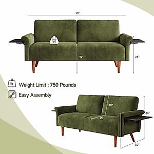 ONBRILL Small Loveseat Sofa, 70 Inch Love Seat Couches with Foldable Side Table, Modern Comfy Couch with Rolled Arms, Easy Assembly, Small Couch for Living Room, Bedroom, Dorm, Office, Green
