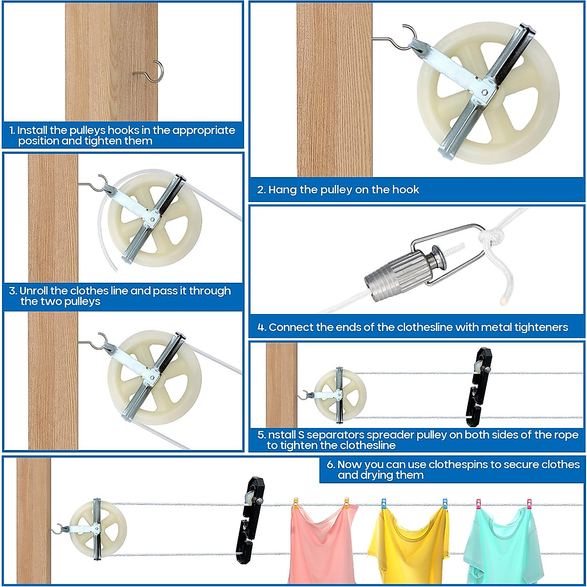 Outdoor Clothesline Kit, 150ft Polyester Clothesline Rope Heavy Duty, Clothes Line Pulley, Nylon Clothesline Pulley Kit, Clotheslines S Separator Spreader, Clothesline Tightener, Hooks
