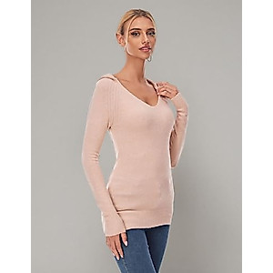 AmélieBoutik Women Hooded V Neck Raglan Long Sleeve Sweater Knit Top (Pink X-Large)