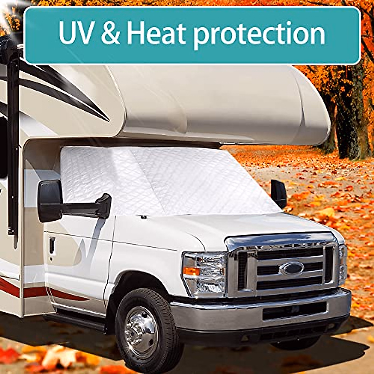 VOGREX RV Windshield Sunshade Cover Class C Compatible with Ford E450 1997-2023 UV Block RV Front Window Cover Sunshade Motorhome Windshield Snow Cover with Mirror Cutouts, Elastic Corner Bands