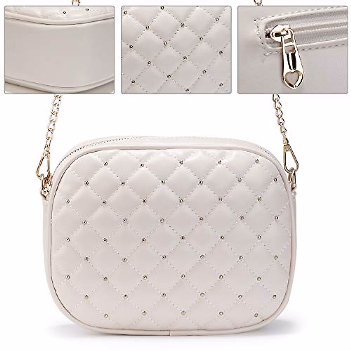 Newshows Women Medium Quilted Crossbody Purse with Metal Chain Strap Heart Zipper, Gift Idea, PU Leather