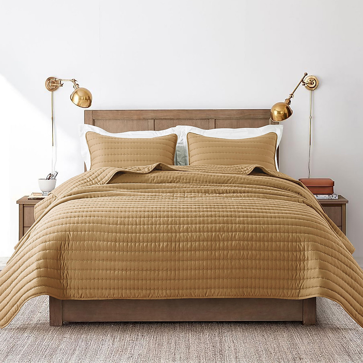 Pumpkin Yellow King Size Quilt Bedding Sets with Pillow Shams, Mustard Lightweight Soft Bedspread Coverlet, Quilted Blanket Thin Comforter Bed Cover for All Season, 3 Pieces, 104x90 inches