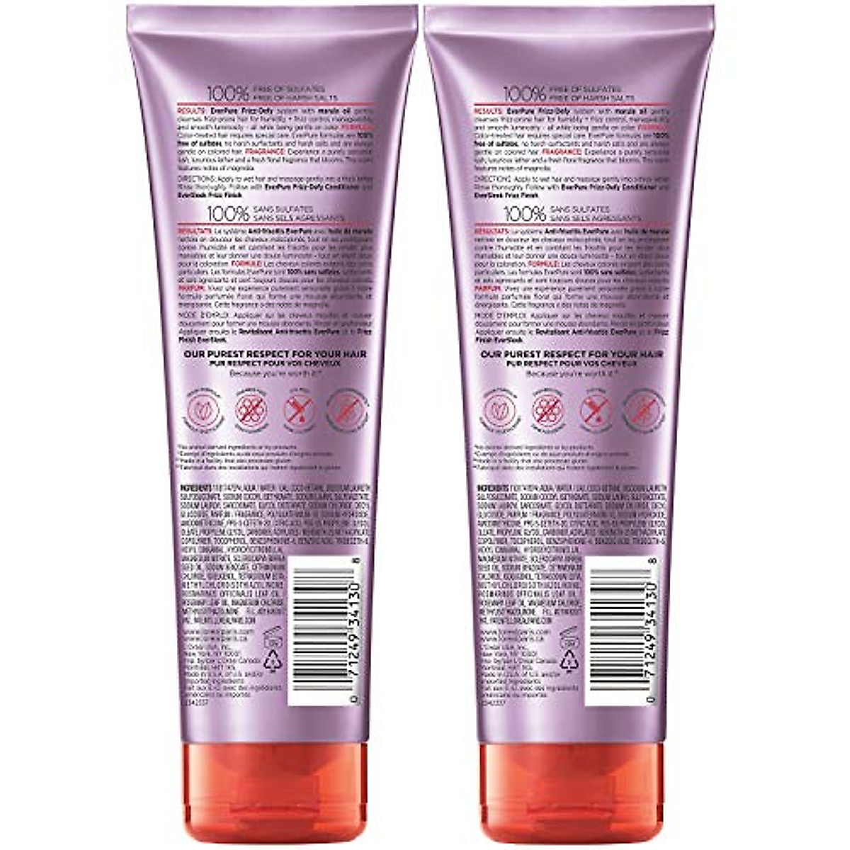 L’Oréal Paris Hair Care EverPure Sulfate Free Frizz Defy Shampoo, with Marula Oil, 2 Count (8.5 Fl; Oz each) (Packaging May Vary)