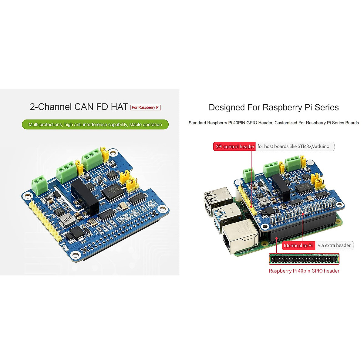 2-Channel Isolated CAN Bus FD Expansion HAT for Raspberry Pi, with MCP2518FD CAN Controller and MCP2562FD CAN Transceiver, Supports Original CAN2.0 and CAN FD Protocols, Multi Protection Circuits