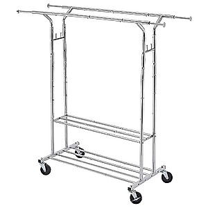 Tajsoon Heavy Duty Clothing Rack Extensible Double Rod with 2 Shelves, Rolling Clothes Rack with Wheels, Rolling Garment Racks for Hanging Clothes Load 250LBS, Collapsible Clothes Hanging Rack Chrome