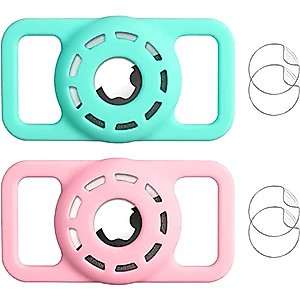 MARVAL Airtag Dog Collar Holder + 4 pcs Protective Film Compatible with Apple Air Tag Cat Pet Case, Protective Waterproof Silicone Small for Puppy (N Mint+BrightPink 2 Pack)
