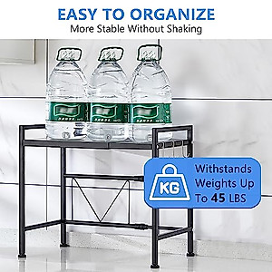 Expandable Microwave Oven Rack, 2 Tiers Metal Heavy Duty Microwave Stand, Adjustable Countertop Kitchen Organizer with 3 Hooks (Black, H-frame 2 tier)