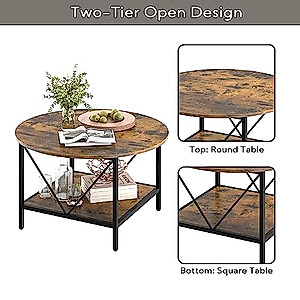 Yusong Round Coffee Table for Living Room, Farmhouse Circle 32 Inch Coffee Tables with Storage Shelf, 2-Tier Modern Center Table Easy to Assemble, Rustic Brown and Black