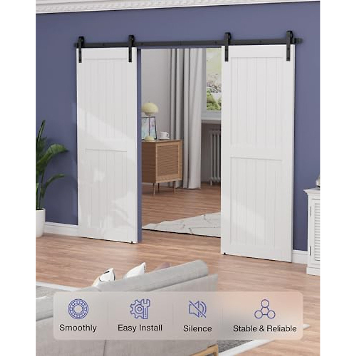 ZEKOO 9 FT Barn Door Hardware Kit for Cabinet Closet, Sliding Door Hardware for Double Barn Door, Heavy Duty Black Barn Door Track with Steel Hanger, Slide Smoothly Quietly, Easy Install