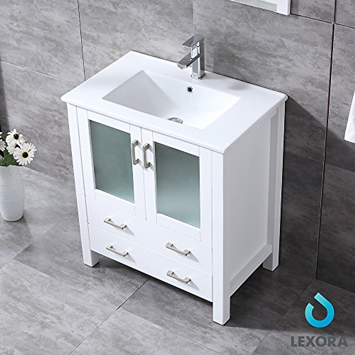 Lexora Volez 30 in W x 18.25 in D White Bath Vanity, White Ceramic Top and 28 in Mirror