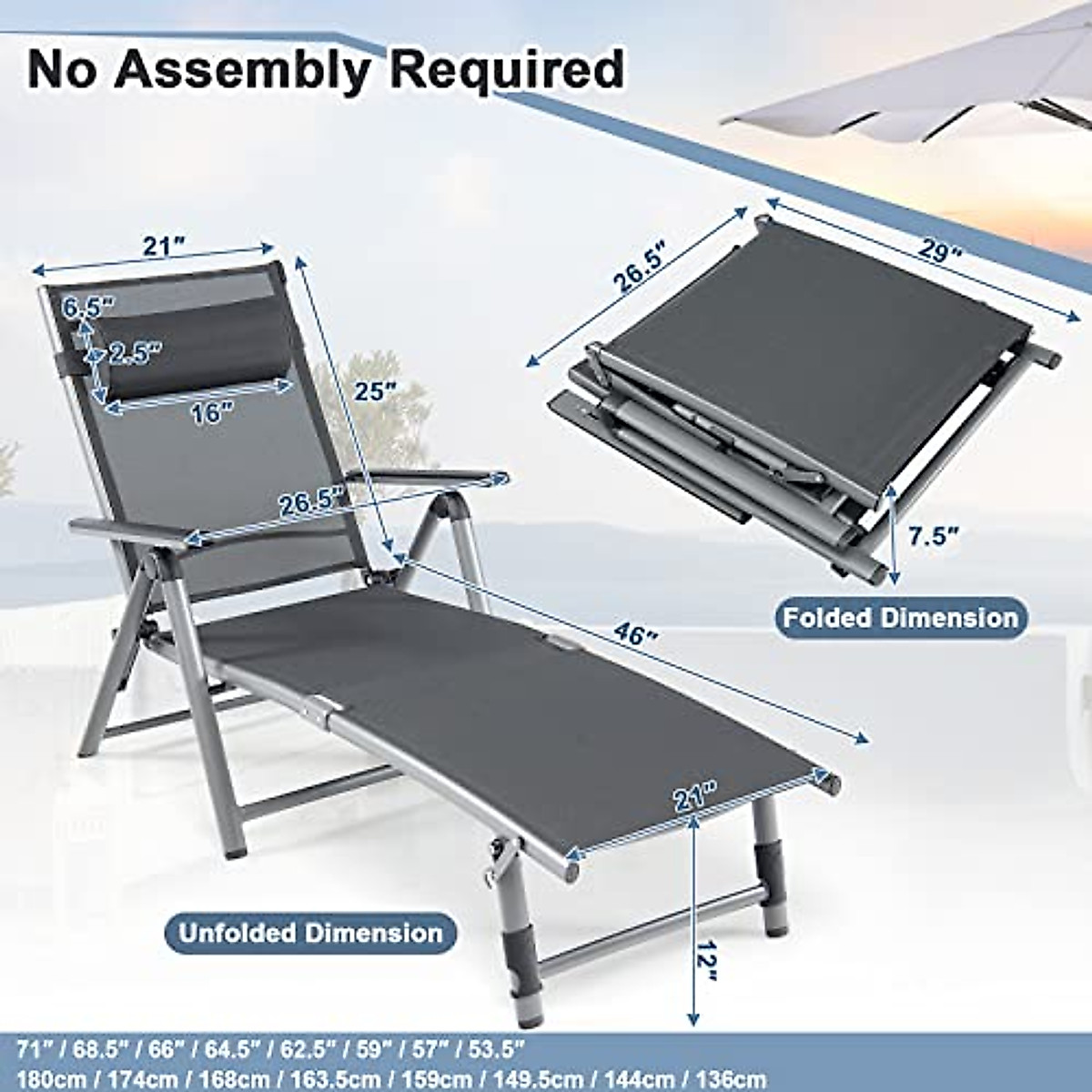 HAPPYGRILL Patio Lounge Chair Aluminum Chaise Lounge Chair with 8-Position Adjustable Backrest, 2-postion Footrest, Comfortable Headrest, Outdoor Folding Reclining Chair for Patio Poolside Backyard