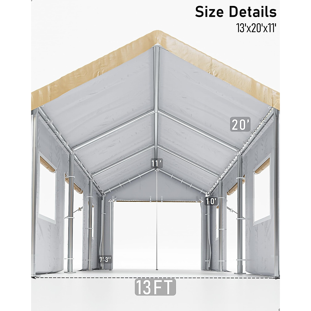 DEXSO Carport 13'x20' Heavy Duty Portable Garage, 1.0 mm Steel Poles & 180 g PE Waterproof Canopy, with Front & Rear Doors, 2 Side Doors, and 4 Windows, for Pickup Truck, and Boat, Khaki