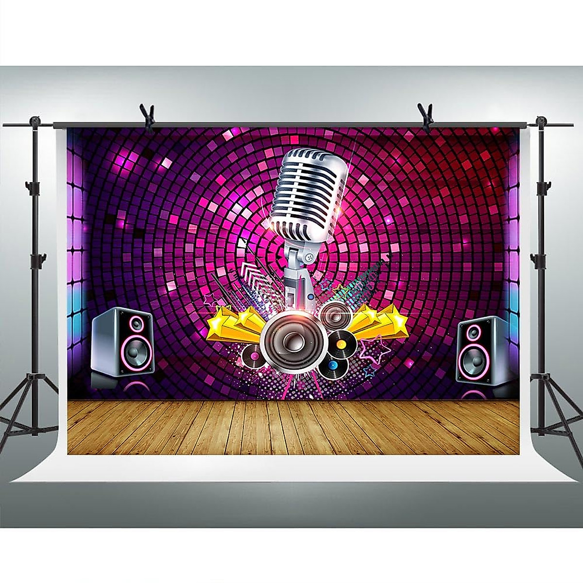 MEETSIOY 10x7ft Karaoke Photography Backdrop Wood Floor Microphone Sound Background Themed Party Photo Booth Backdrop BJMYMT112
