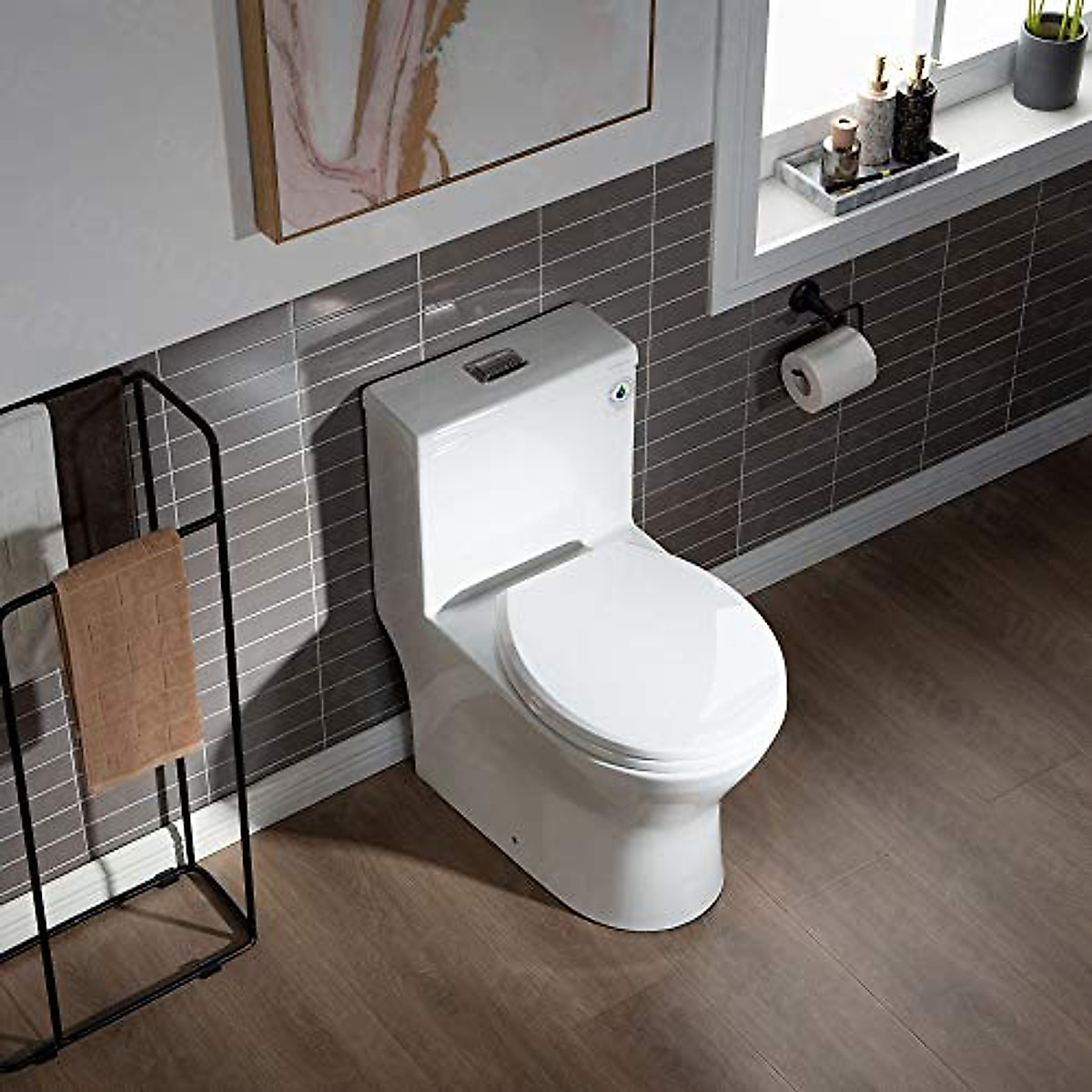 WOODBRIDGE Short Compact Tiny Dual Flush 1.28 GP One Piece Toilet,with Soft Closing Seat,1000 Gram MaP Flushing Score Small Toilet with Brushed Nickel Button B0500-BN, White