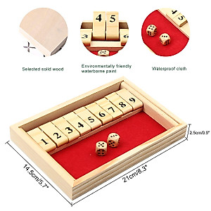 bouti1583 Shut The Box Game, Double-Sided Classic 9 Number Wooden Set with Dice Green- Adults and Children