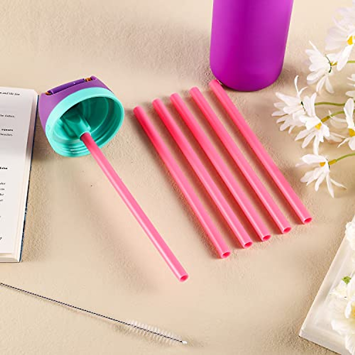 6pcs Replacement Straws for Owala FreeSip 24oz 32oz, Reusable Plastic Straws with Cleaning Brush for Owala Insulated Water Bottle 24 oz 32 oz and Flip 25 oz, Tumbler Accessories (Pink)