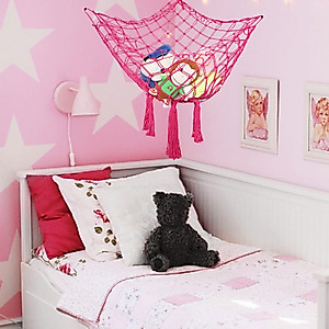 Stuffed Animal Net or Hammock Handmade Large Macrame Toy Display Hammock Organizer for Corners, Walls and Ceiling Hanging Plushie Net Toys Holder for Kids Room Boho Storage(Rose Red