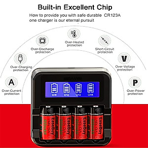 Batteries Rechargeable for Arlo, EaseBuy 4-Pack 800mAH 123A Arlo Batteries and LCD Display CR123A Charger for Arlo VMS3130 VMC3030 VMK3200 VMS3330 3430 3530 Cameras, Alarm System, Flashlight