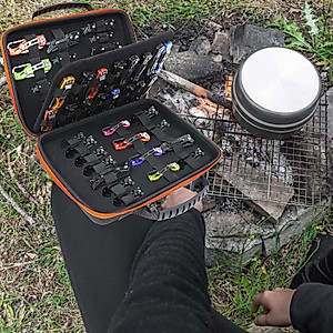 Pocket Knife Display Case, Folding Knife Holder, Mini Knives Carrying Case,Small Knife Collection Pouch Carrier Roll for Hiking,Hunting and Camping Outdoor Activities, Black & Orange, 62 Slots