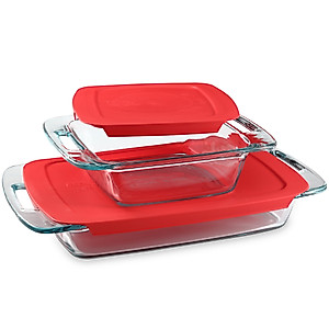 Pyrex 4-Piece Extra Large Glass Baking Dish Set With Lids and Handles, Oven and Freezer Safe