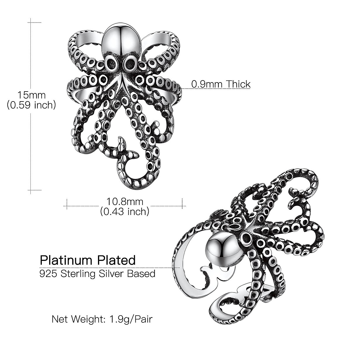 Suplight 925 Sterling Silver Octopus Ear Cuff Small Cartilage Cuff Earring Non Pierced Fake Earrings for Women Men
