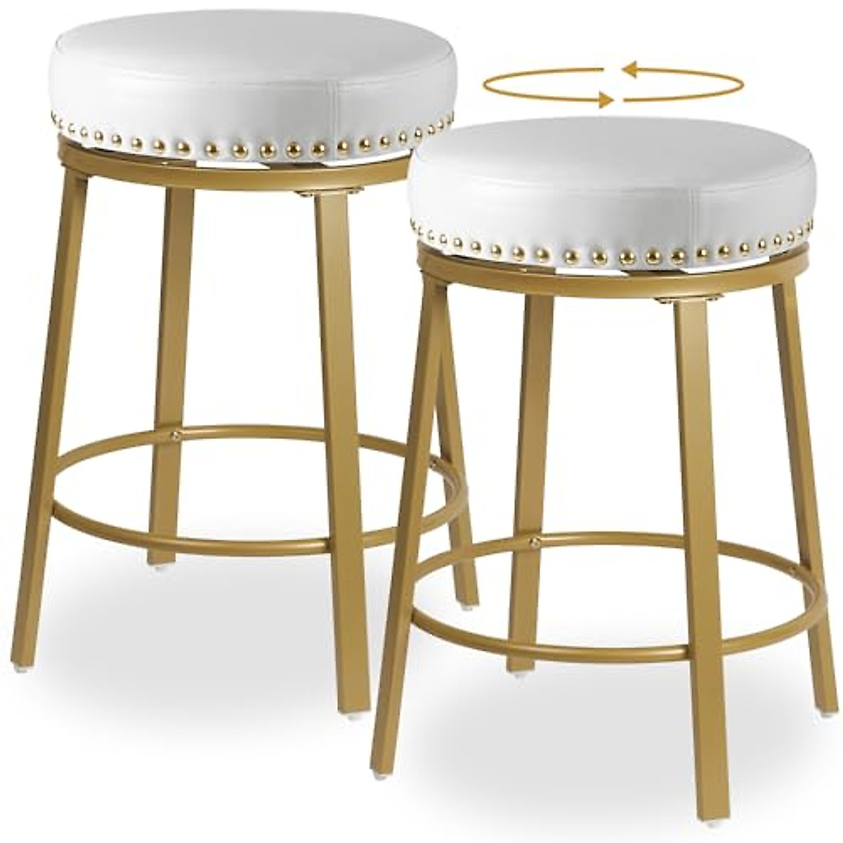 FLYZC White & Gold Bar Stools Set of 2 Counter Height 24 Inches Swivel Bar Stools for Kitchen Counter Island Backless Modern Gold Barstools Upholstered Faux Leather Round Counter Stools, White+Gold