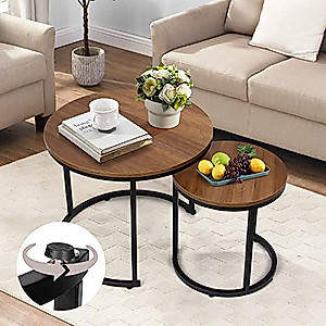 Coffee Tables for Living Room - Small Round Coffee Table Set of 2, Center Table with Solid Wood Grain Table Top and Sturdy Metal Frame, Nesting Tables for Small Spaces, Easy to Assemble (Walnut)