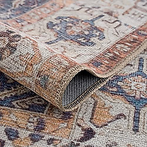 Bloom Rugs Washable 3x5 Rug - Orange/Blue/Beige Traditional, Distressed Area Rug for Living Room, Bedroom, Dining Room and Kitchen - Exact Size: 3' x 5'