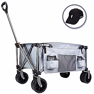 FRITIGA Collapsible Wagon Cart, with Side Bag - Folding Beach Wagon for Sand, Heavy Duty Foldable Utility Shopping Carts on Big All-Terrain Wheels, Outdoor Garden Portable Wagon