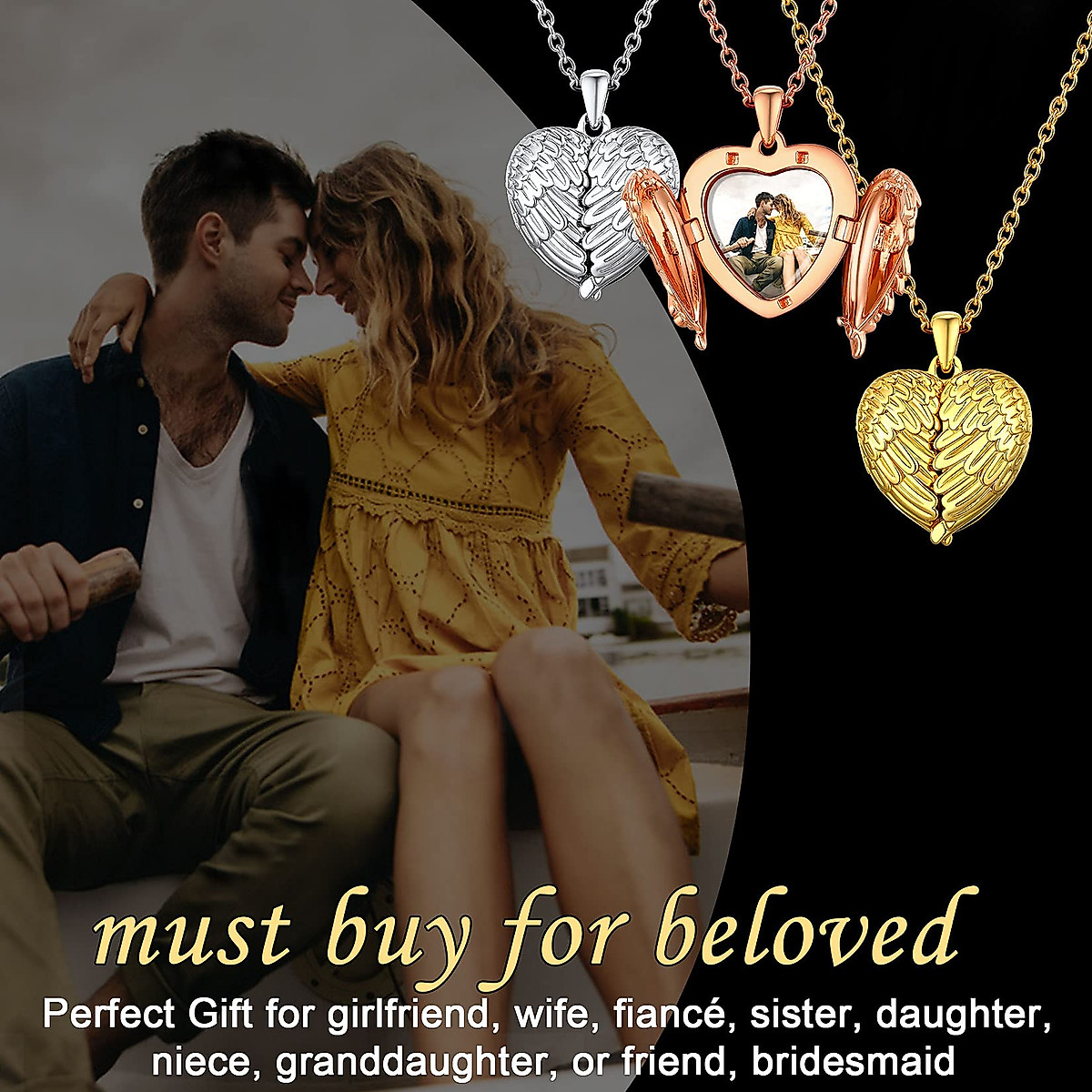 SILVERCUTE Heart Locket Necklace that Holds Pictures Customized Platinum Plated Guardian Angel Wings Photo Lockets Pendant for Women Men