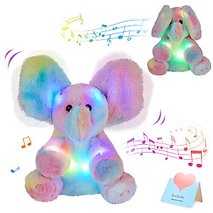Glow Guards 12'' Light up Peek-a-Boo Elephant Stuffed Animal Musical Rainbow Elephant Singing Stuffed Animal Electric Interactive Toys Christmas Holiday Birthday Gifts for Toddler Kids