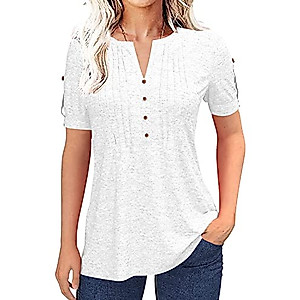 Women's fashion summer pleated button short sleeve T-shirt summer V-neck solid color casual Tunic top White