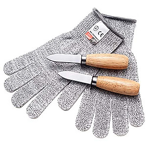DOMG Oyster Knife Shucker Set, Wood Handle Oyster Shucking Knife and Cut-resistant Gloves, Clam Shellfish Seafood Opener Kit Tools(2 Knives+1 Pair Gloves L)