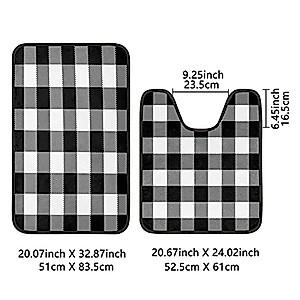 Black and White Plaid Bathroom Rugs Mats Set of 2, Buffalo Check 2 Piece Bath Mats for Bathroom, Absorbent Non Slip Soft Bath Toilet Contour Mat Shower Rugs Decorations for Kitchen Bedroom Indoor