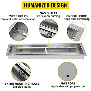 VBENLEM Fire Pit Pan 37.5x14 Inch, Stainless Steel Rectangular Fire Pit Pan and Burner, Built-in Fire Pit Pan with H-Burner, 150K BTU