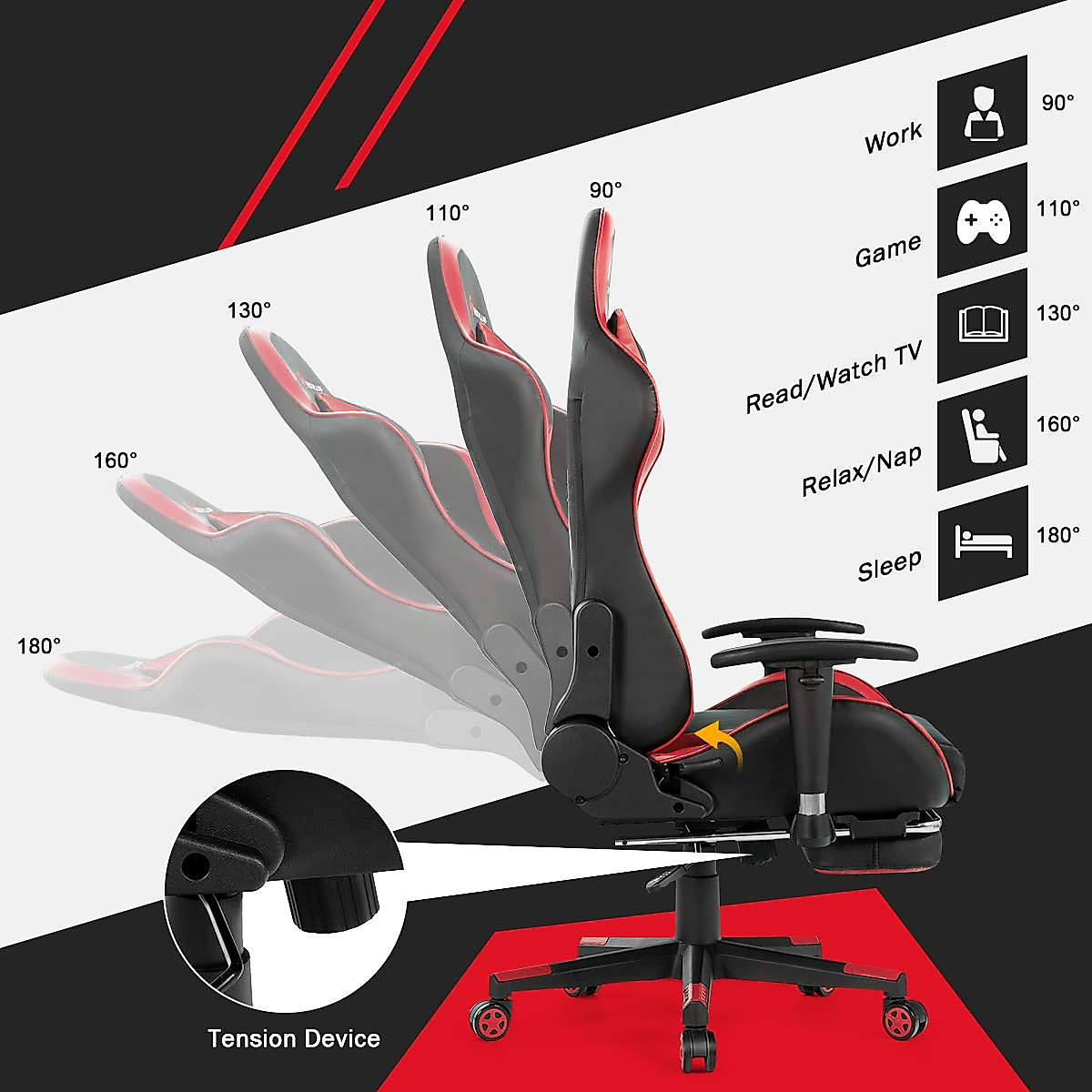 POWERSTONE Gaming Chair with Footrest Massage Ergonomic Office Computer Game Racing E-Sports Chair Lumbar Massage Pillow Footrest Headrest High-Back Leather Recliner Rolling Swivel Chair Red