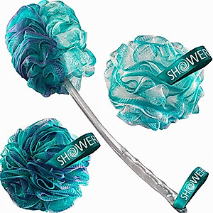 2-Side-Loofah-Back-Scrubber & Bath-Sponges by-Shower-Bouquet: 1-Long-Handle-Back-Brush Plus 2-Extra-Large 75g Soft Mesh Poufs, Men & Women - Exfoliate with Full Pure Cleanse in Bathing Accessories
