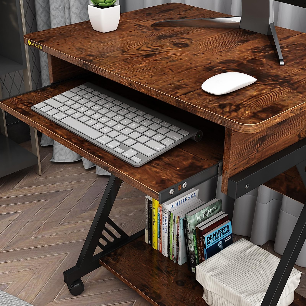 Small Corner Computer Desk, Rolling Computer Desk for Small Space Bedroom, Home Office Study Computer Desk on Wheels, Mobile Computer Table Portable Laptop Cart with Shelves,Rustic Brown