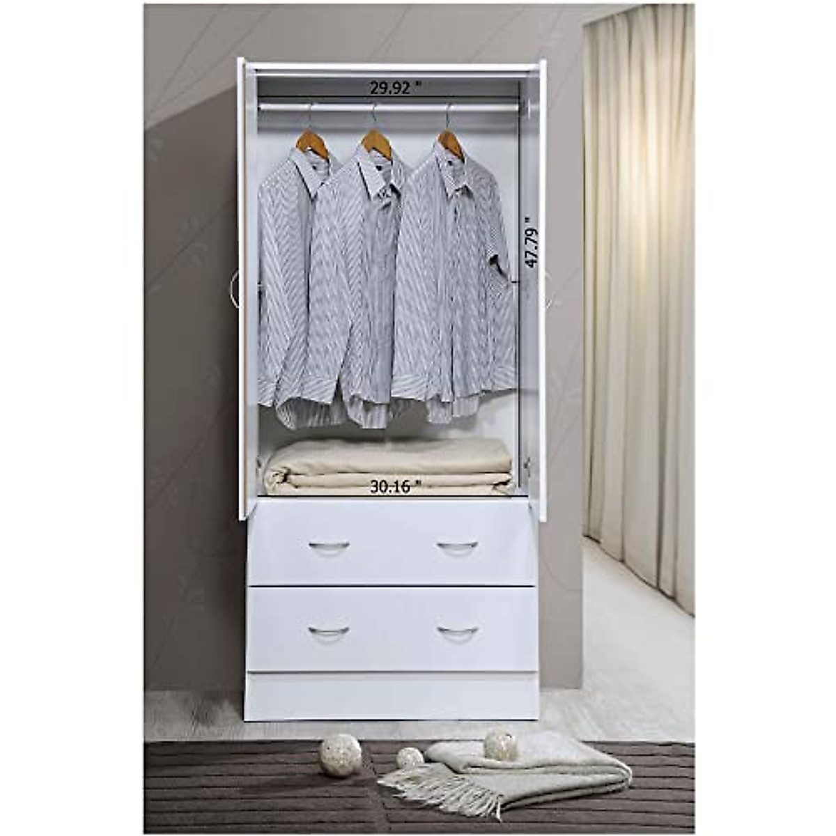 Hodedah Two Door Wardrobe with Two Drawers and Hanging Rod plus Mirror, White