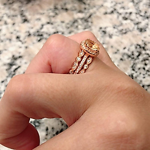 Blue Apple Co. Three Piece Halo Art Deco Wedding Band Engagement Ring Oval Simulated Morganite Round Cubic Zirconia 925 Sterling SilverSize-7