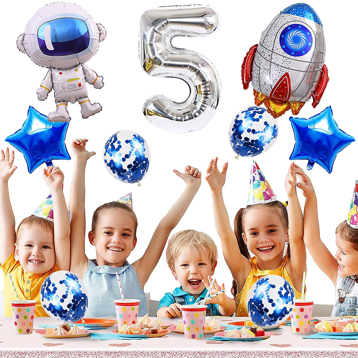Kawailay Astronaut Rocket 5th Birthday Party Balloons Jumbo Spaceman Birthday Balloons Outer Space Theme Foil Balloons 32 Inch Silver Number 5 Helium Balloon for Birthday Party