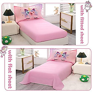 KINBEDY 4 Piece Unicorn Toddler Bedding Sets for Girls Pink Floral Cartoon Bed Sheets Toddler Bed Comforter Set for Baby Girls Bedroom Set | Include Comforter, Flat Sheet, Fitted Sheet, Pillowcase